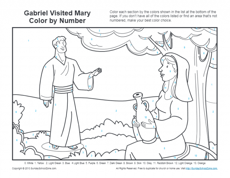 Gabriel Visited Mary Color By Number Page on Sunday School Zone