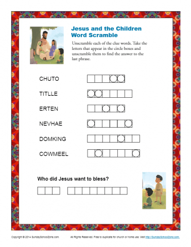 Jesus and the Children Word Scramble | Bible Puzzles for Kids