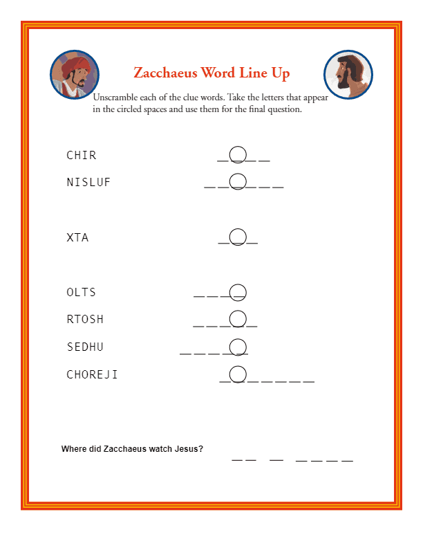 Zacchaeus Word Lineup Activity on Sunday School Zone