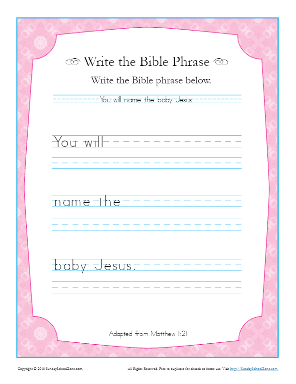 Matthew 1:21 Write the Bible Phrase Worksheet on Sunday School Zone