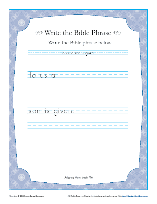 Isaiah 9:6 Write the Bible Phrase Worksheet on Sunday School Zone