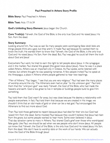 Free Paul Preached In Athens Bible Activities on Sunday School Zone