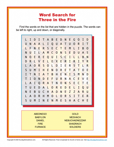 Free, Printable Three In The Fire Bible Activities on Sunday School Zone