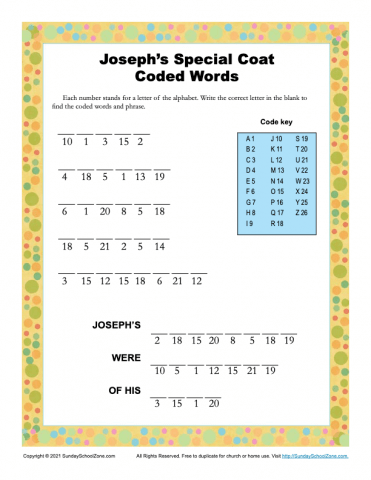 Joseph's Special Coat Coded Words Activity on Sunday School Zone