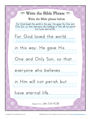 John 3:16 Write the Bible Phrase Worksheet on Sunday School Zone