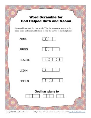 Word Scramble for God Helped Ruth and Naomi on Sunday School Zone