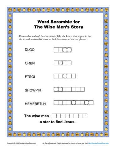 Word Scramble for The Wise Men’s Story on Sunday School Zone