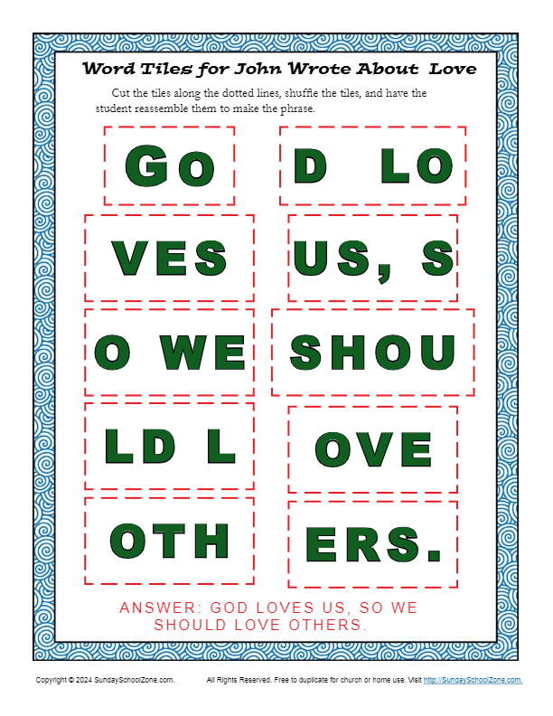 Word Tiles for John Wrote About Love on Sunday School Zone