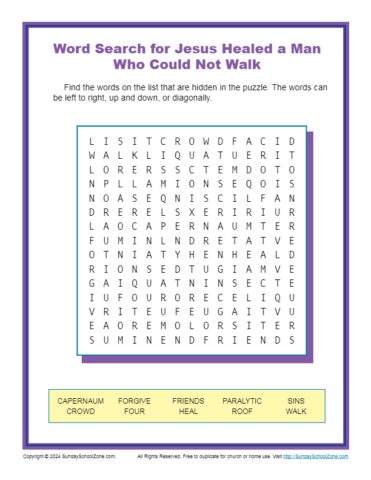 Word Search for Jesus Healed a Man Who Could Not Walk on SSZ