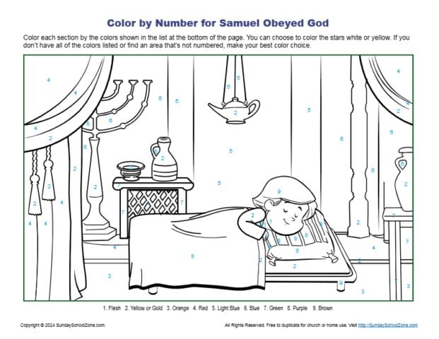 Color by Number for Samuel Obeyed God on Sunday School Zone