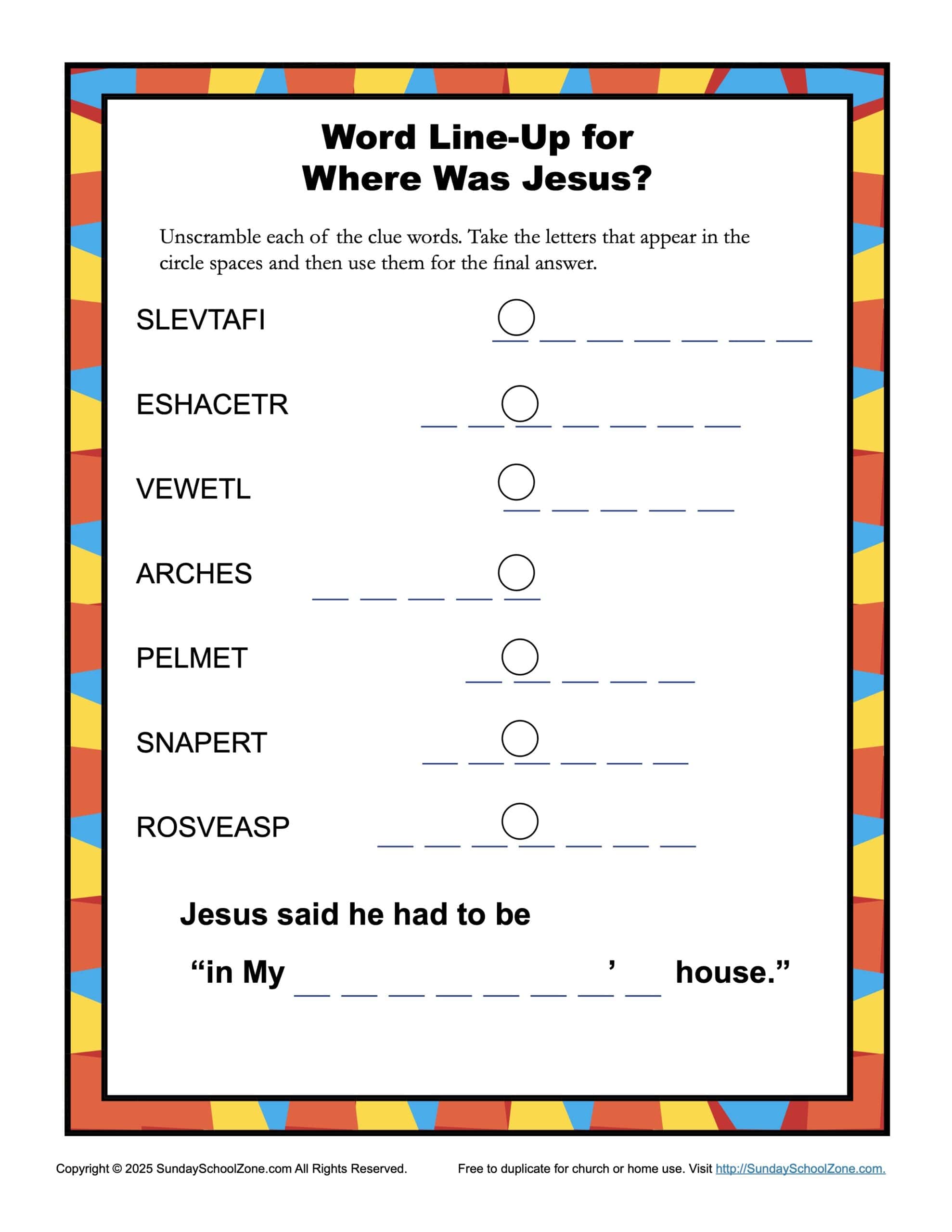 Word Line-Up for Where Was Jesus on Sunday School Zone