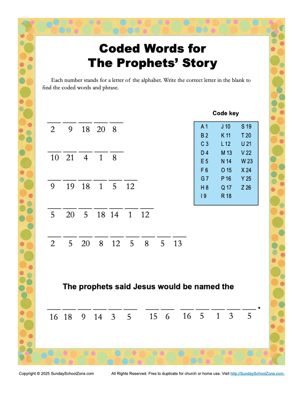 Coded Words for The Prophets' Story on Sunday School Zone
