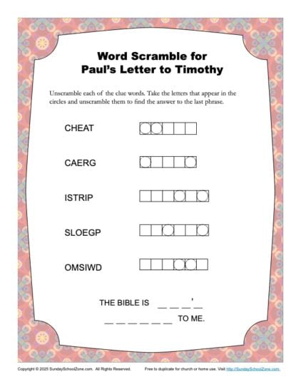 Word Scramble for Paul’s Letter to Timothy on Sunday School Zone