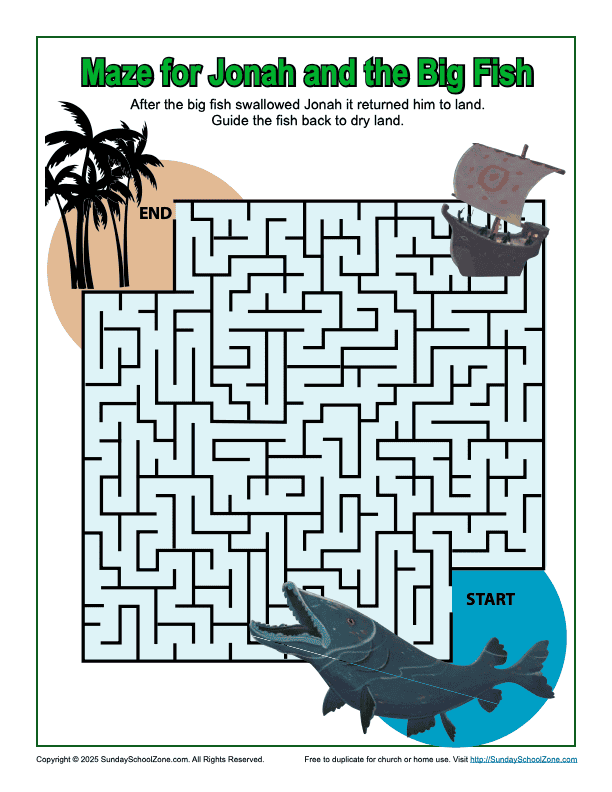 Maze for Jonah and the Big Fish on Sunday School Zone