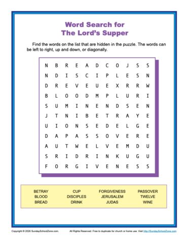 Word Search for The Lord's Supper on Sunday School Zone